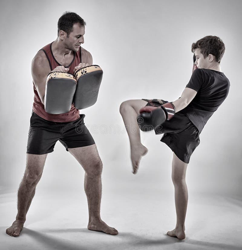 Kickboxer Kid and His Coach Stock Photo - Image of caucasian, coaching ...
