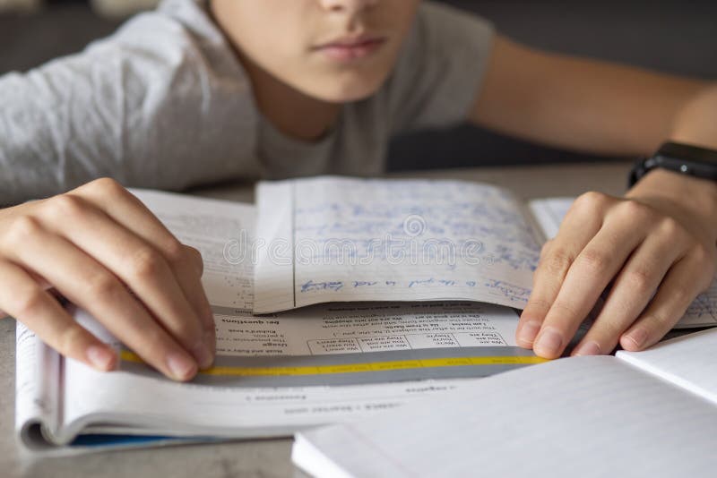 Kid Affected by Dyslexia Doing Homework, Reading Book Using Colorful ...