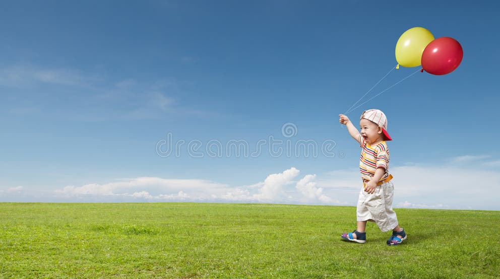 Kid and balloon stock photo. Image of grass, happy, sunny - 8659944