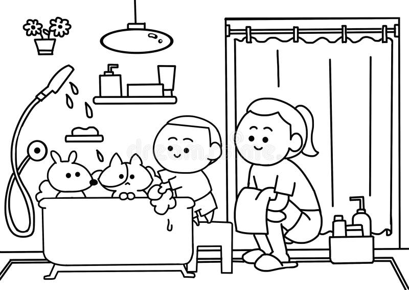The Kid Bathing for His Pets Stock Illustration - Illustration of bath ...