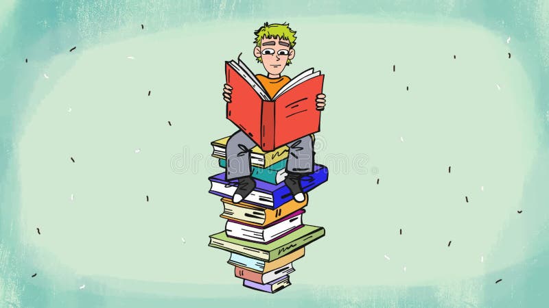 Kid with Book Sitting on a Giant Stack of Books Comic Cartoon Looped ...