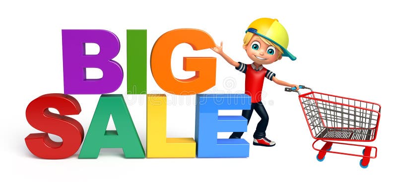 Kid Boy with Bigsale Sign & Trolly Stock Illustration - Illustration of ...