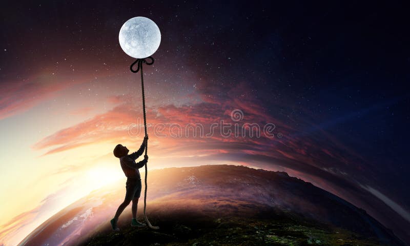 Kid Boy Catching Moon . Mixed Media Stock Photo - Image of adorable ...