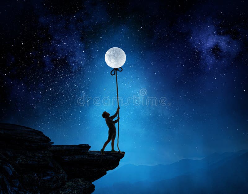 Kid Boy Catching Moon . Mixed Media Stock Image - Image of bedroom ...