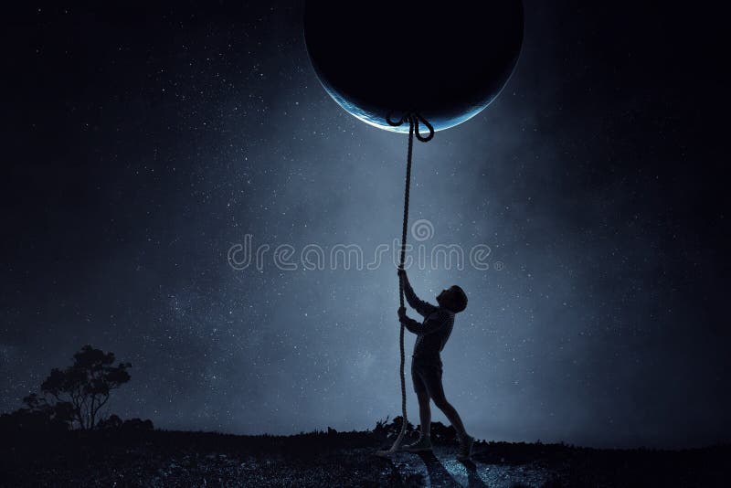 Kid Boy Catching Moon . Mixed Media Stock Image - Image of child ...