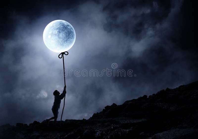 Kid Boy Catching Moon . Mixed Media Stock Photo - Image of high ...