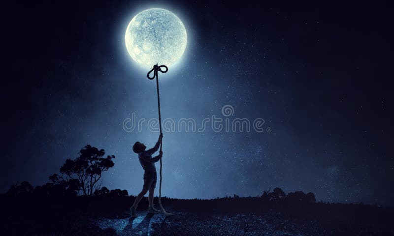 Kid Boy Catching Moon . Mixed Media Stock Photo - Image of adorable ...
