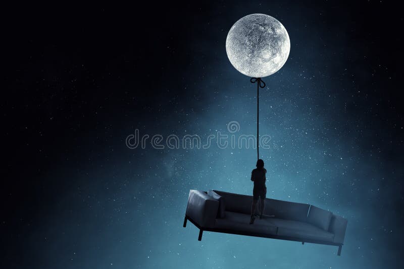 Kid Boy Catching Moon . Mixed Media Stock Image - Image of bedtime ...