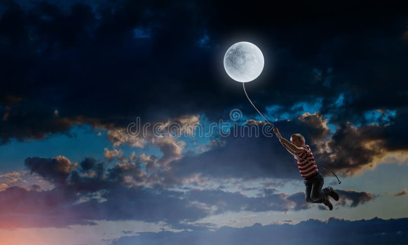 Kid Boy Catching Moon. Mixed Media Stock Photo - Image of imagine, rope ...