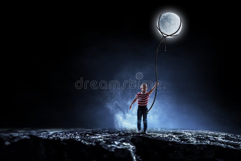 Kid Boy Catching Moon. Mixed Media Stock Image - Image of bedtime ...