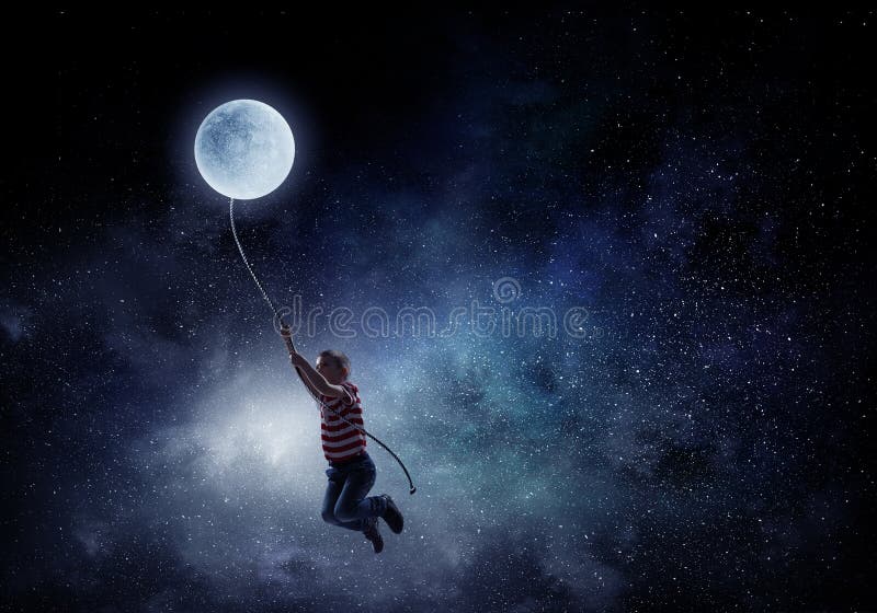 Boy Holds The Moon. Mixed Media Stock Photo - Image of keep, background ...
