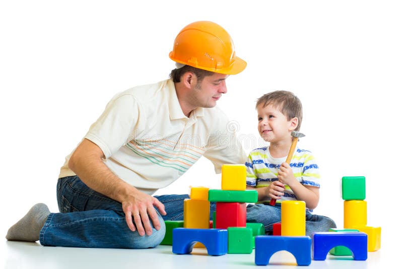 Kid Boy and Dad Play Builders Stock Photo - Image of play, isolated ...