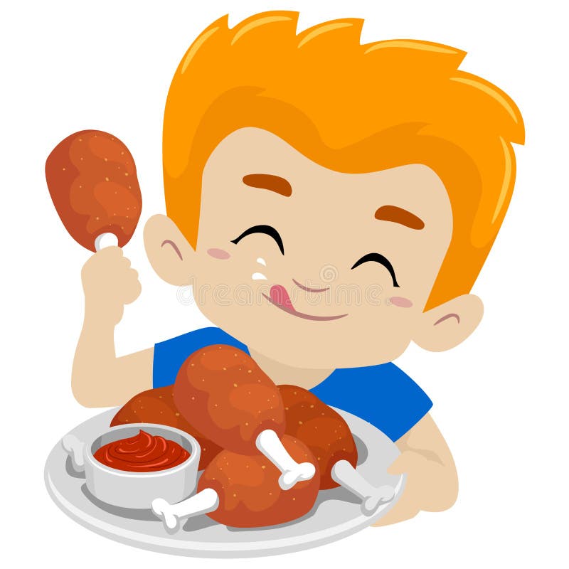 Kid Boy Eating Fried Chicken Stock Vector - Illustration of chicken ...