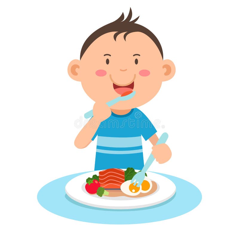 Kid Boy Eating Healthy Food Stock Vector - Illustration of fresh, fish ...