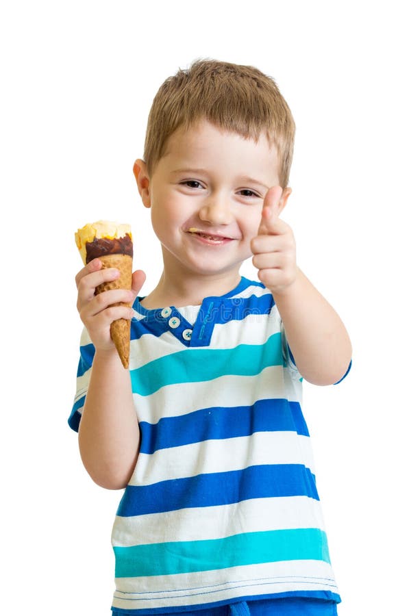 Kid Boy Eating Ice Cream and Showing Okay Sign Stock Image - Image of ...