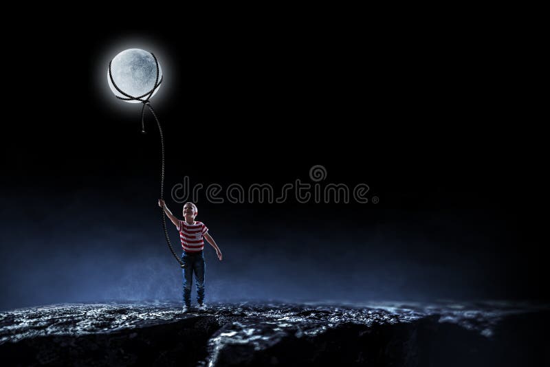 Boy Holds the Moon . Mixed Media Stock Image - Image of flat, concept ...