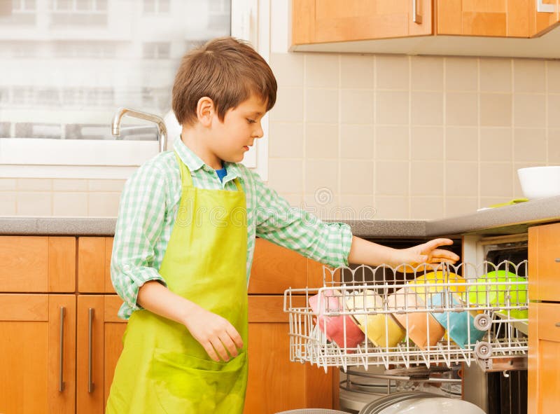 Kid Boy Getting Out Clean Crockery of Dishwasher Stock Photo - Image of ...