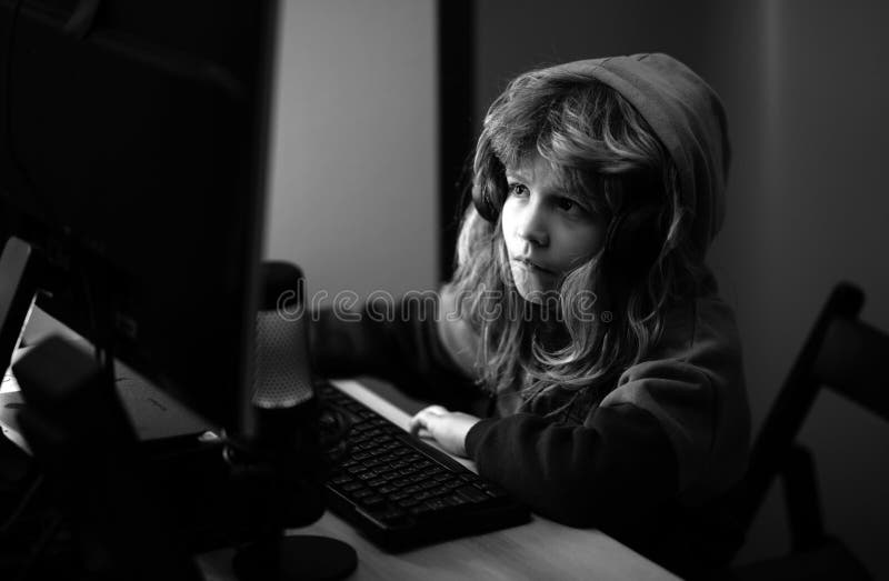 Kid Boy Hacker, Young Programmer. Child Playing Computer Games or ...