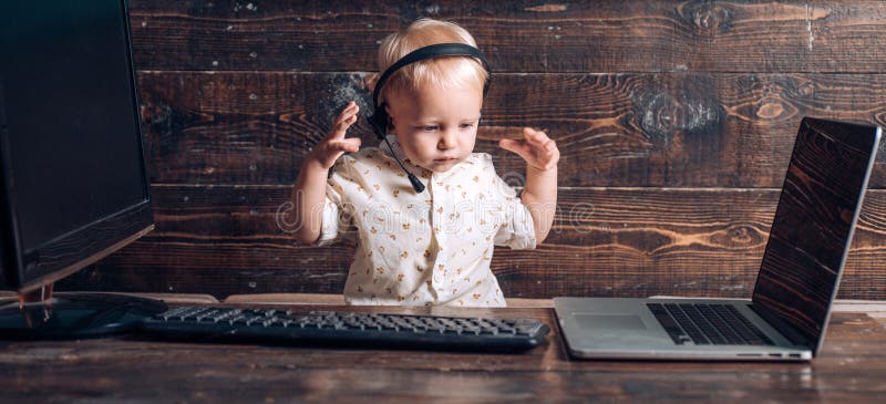 Kid Boy in Headset with Microphone in Call Centre. Call Centre Operator ...