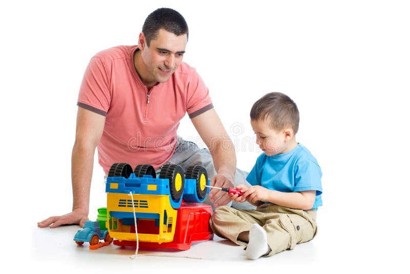 Kid Boy and His Dad Repair Toy Trunk Stock Photo - Image of leisure ...