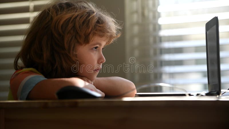 Kid Boy Learning Lesson at School, Making Homework and Using Notebook ...