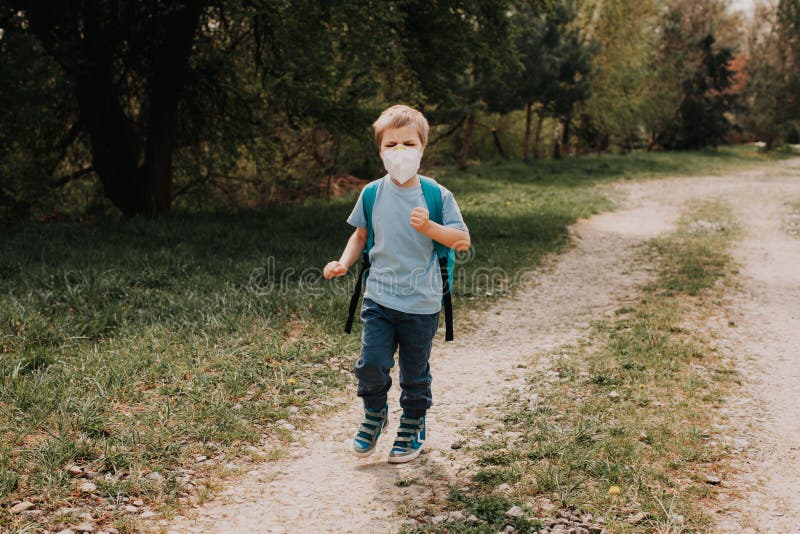 Kid Boy in Mask with Blue Backpack on the Way Stock Image - Image of ...