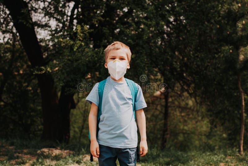 Kid Boy in Mask with Blue Backpack on the Way Stock Image - Image of ...