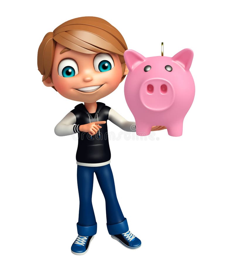 Kid boy with piggy bank stock illustration. Illustration of playful ...