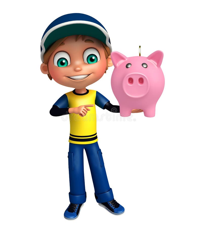 Kid boy with piggy bank stock illustration. Illustration of playful ...
