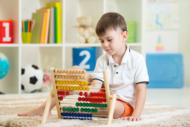 Kid Boy Playing with Counter Stock Image - Image of accountant, little ...