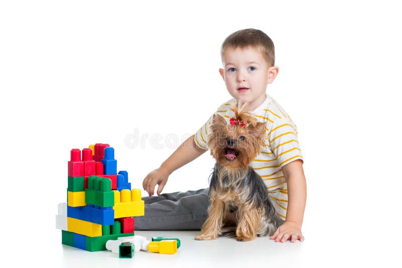 Kid boy playing with dog stock photo. Image of casual - 29611642