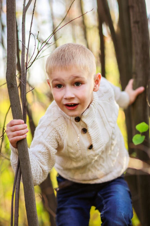 Kid Boy Playing among Tree Branches Prepares To Jump Stock Image ...