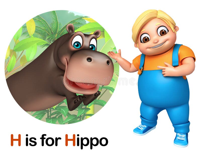 Kid boy pointing Hippo stock illustration. Illustration of class - 77528836
