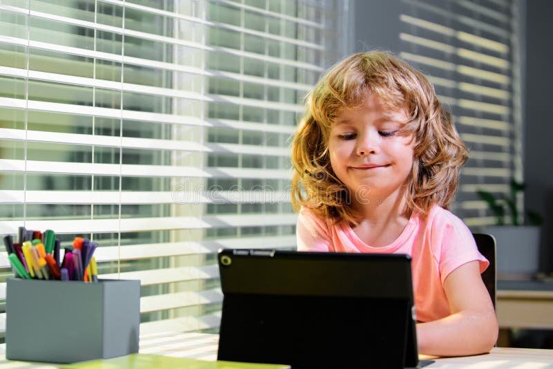 The Kid Boy Ready To Answer the Online Teachers Question. E-learning ...