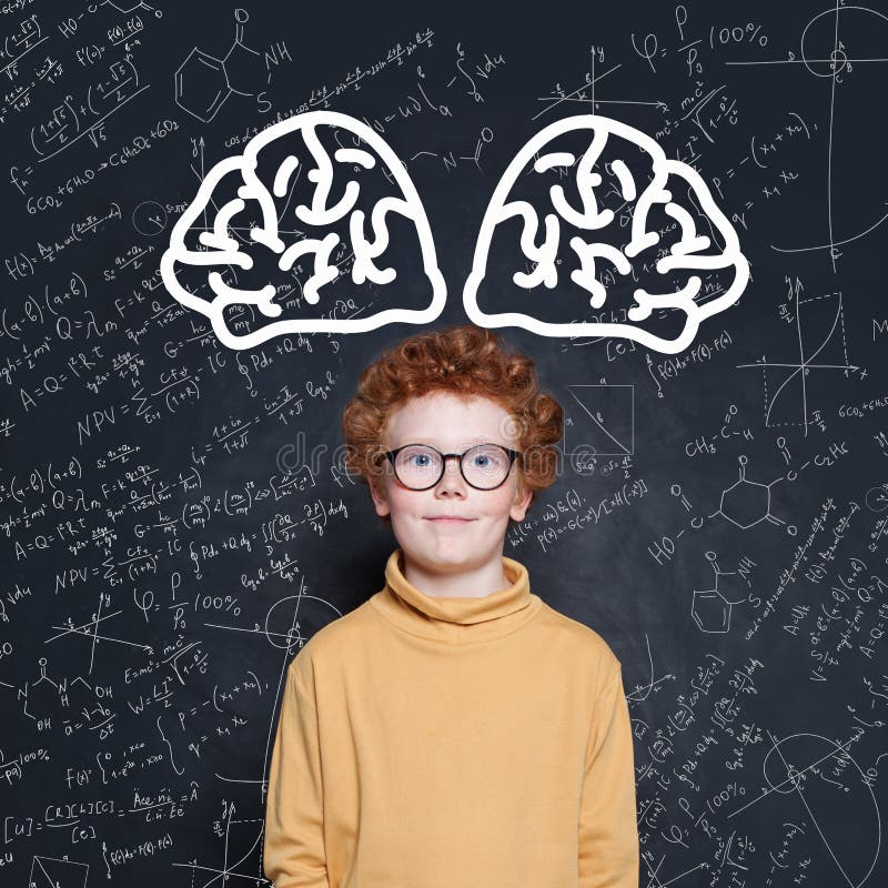 Kid Boy with Red Hair Standing Against Blackboard with Science Formulas ...