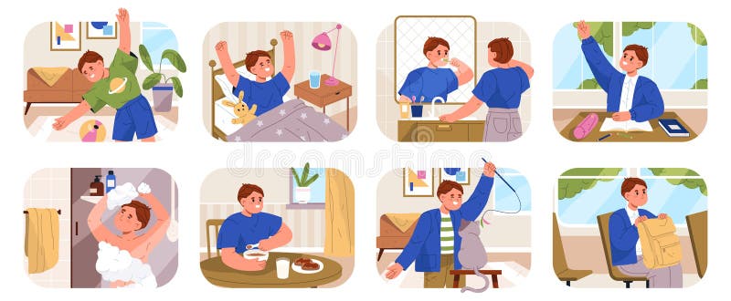 Kid Boy daily Routine and Chores Stock Illustration - Illustration of ...
