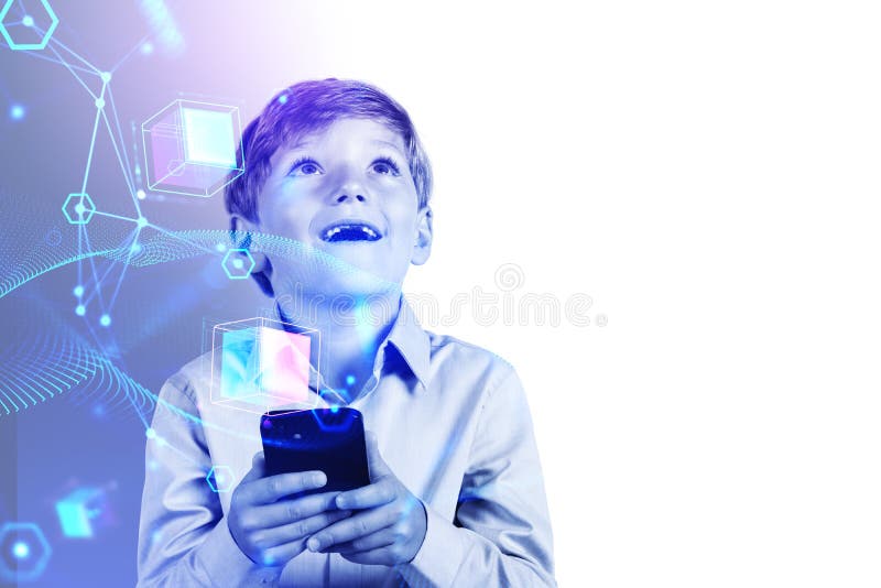 Kid Boy with Smartphone, Metaverse and Blockchain with Data Blocks ...