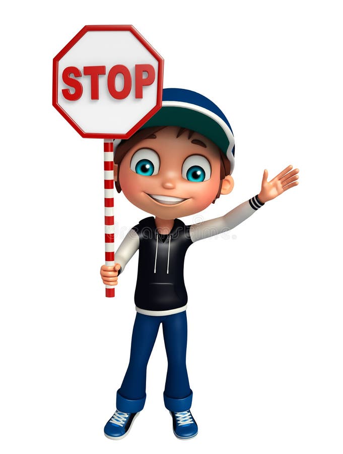 Kid boy with stop sign stock illustration. Illustration of cheerful ...