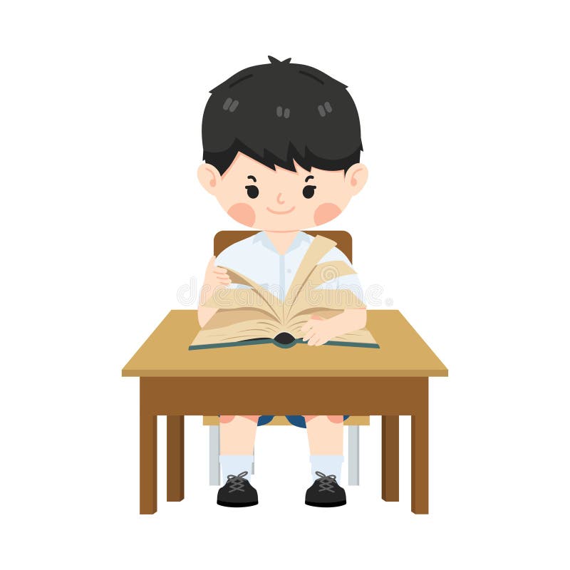 Kid Boy Students Reading a Book on Table Stock Vector - Illustration of ...