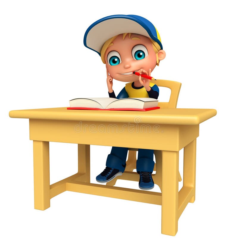 Kid Boy with Table Chair and Book Stock Illustration - Illustration of ...