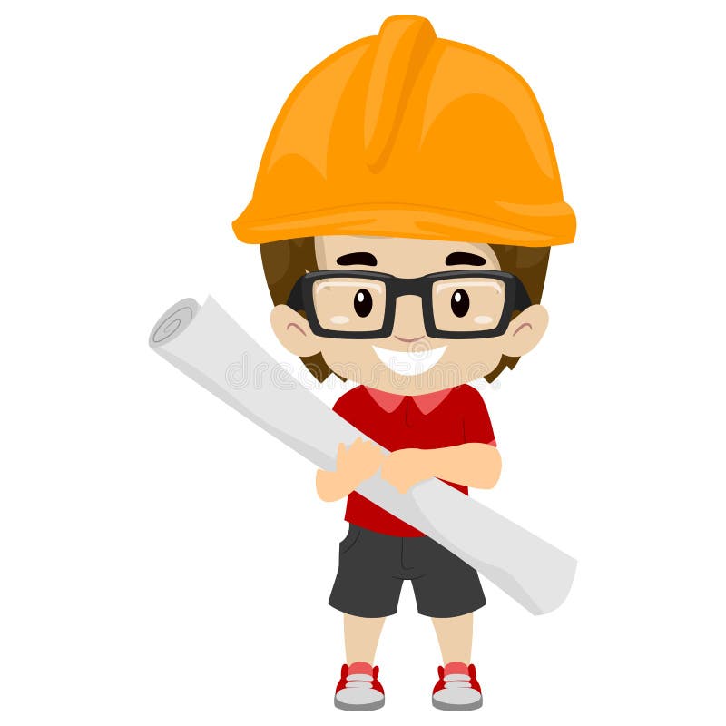 Kid Boy Wearing Engineer Cap while Holding a Rolled Paper Stock Vector ...