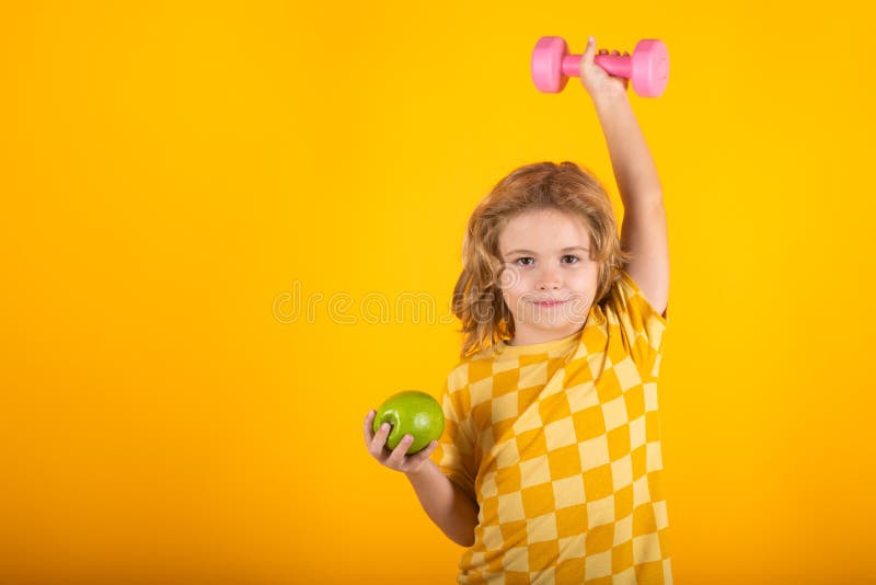 Kid Boy Working Out with Dumbbells. Sport and Kids Training. Stock ...
