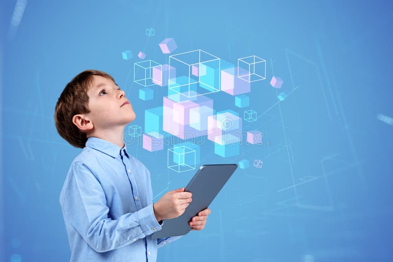 Kid Boy Working with Tablet, Data Blocks Floating in Metaverse Stock ...