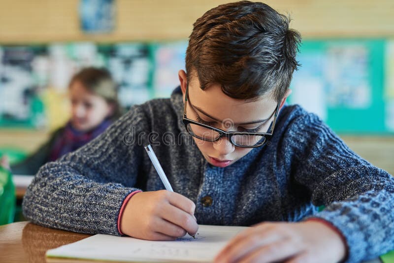 Kid, Boy and Writing in Classroom for Education with Learning ...