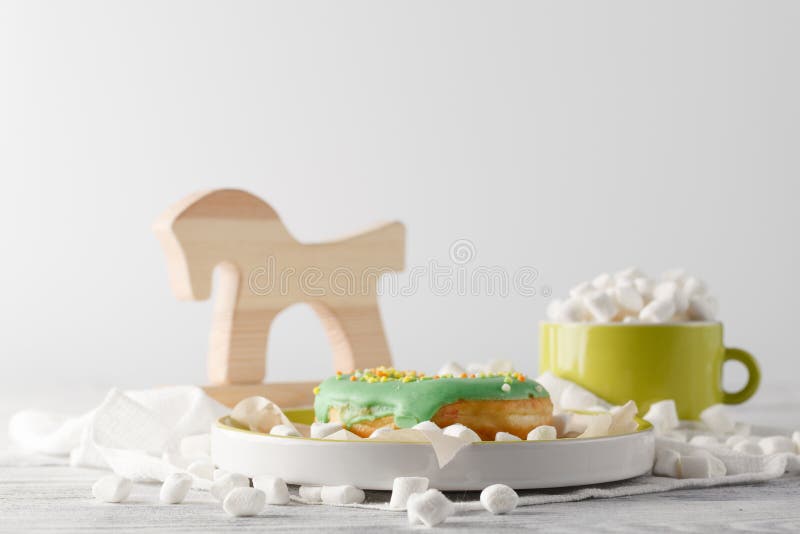 Kid Breakfast with Green Donut and Mini Marshmallow Stock Image - Image ...