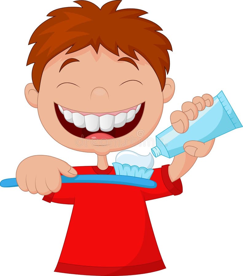 Kid Cartoon Squeezing Tooth Paste on a Toothbrush Stock Vector ...
