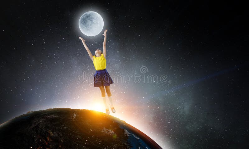 Kid Catching Moon . Mixed Media Stock Photo - Image of high, human ...