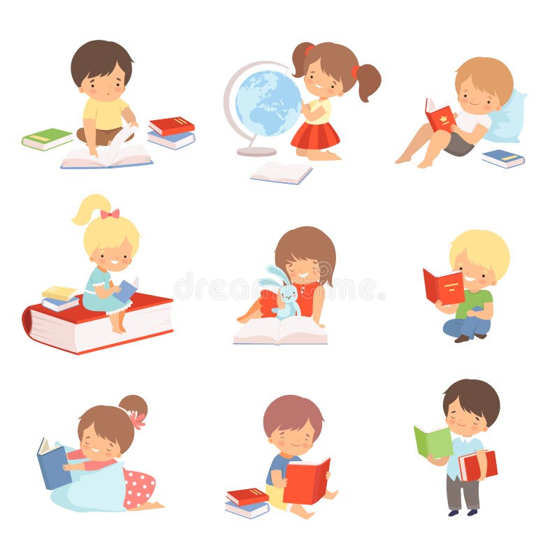Kid Characters Learning To Read Vector Illustrations Set Stock Vector ...