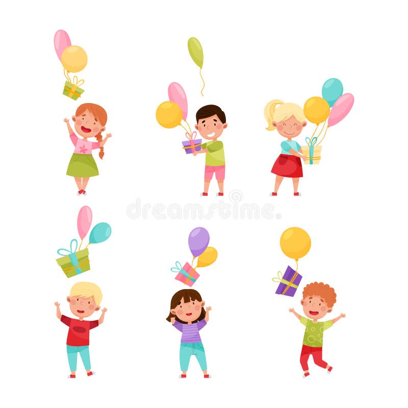 Kid Characters Throwing Gift Boxes with Balloons Vector Illustration ...