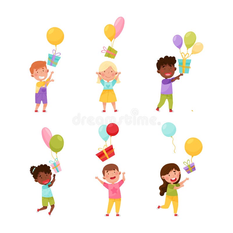 Kid Characters Throwing Gift Boxes with Balloons Vector Illustration ...